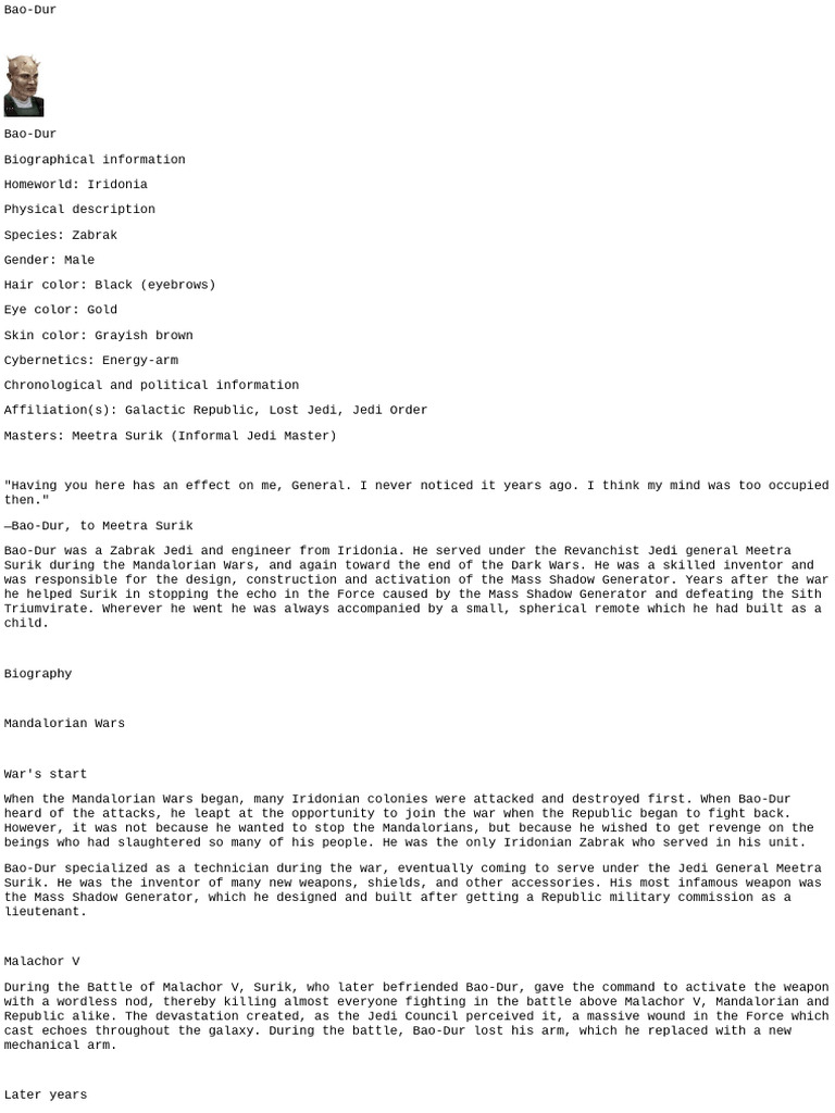 Bao-Dur: Zabrak Jedi Engineer Profile | PDF | Characters Created | Star ...