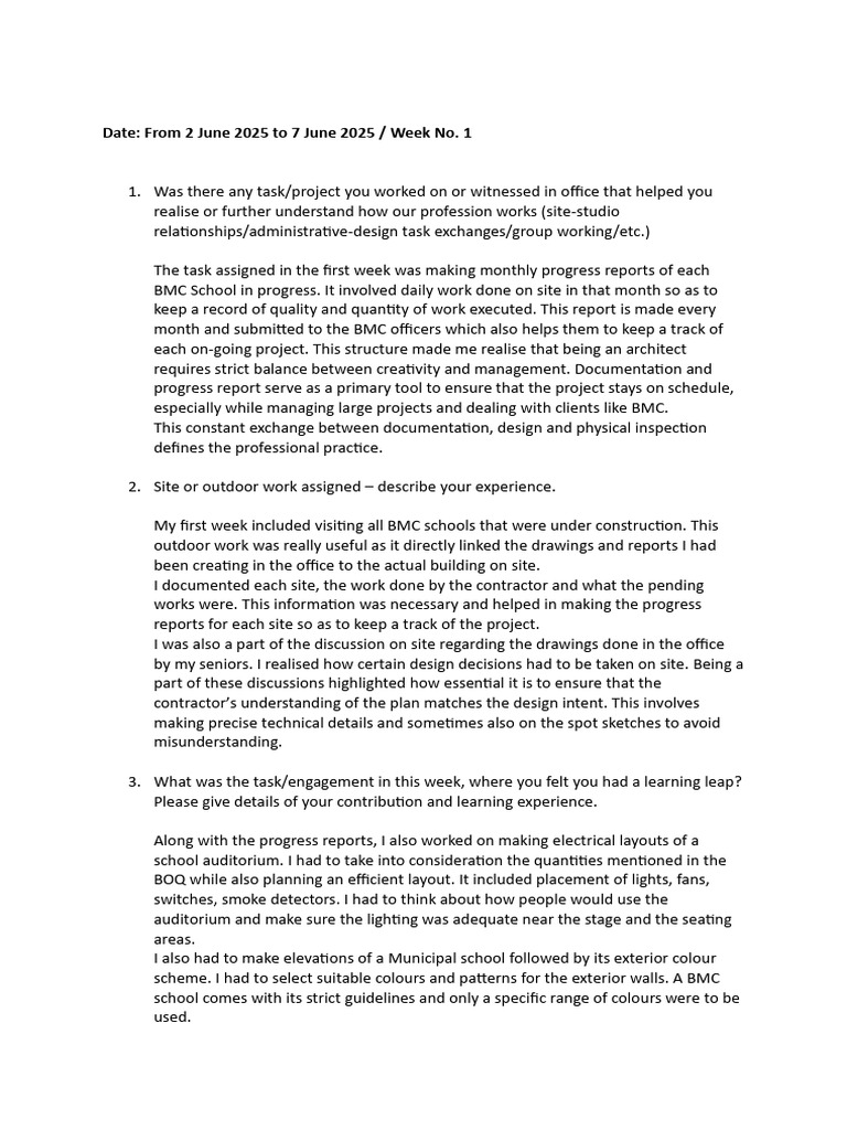 Architectural Internship Progress Report | PDF | Experience | Design