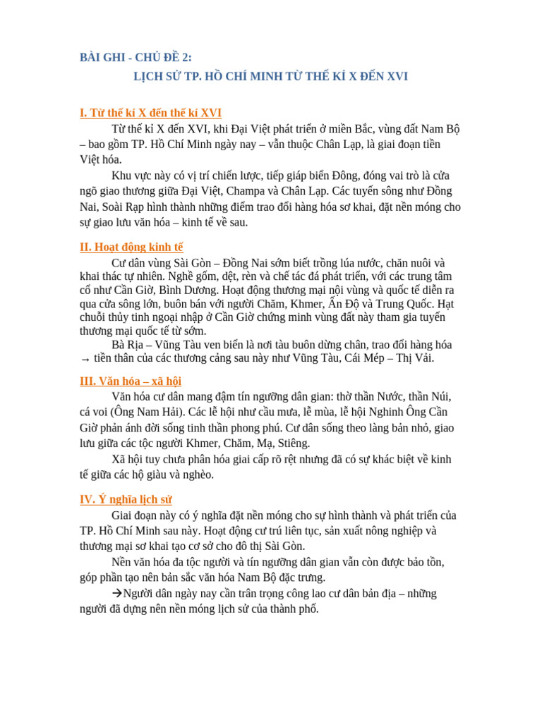 Tóm Tắt- Cđ2- Lịch Sử Tphcm Từ Tk x Đến Xvi | PDF