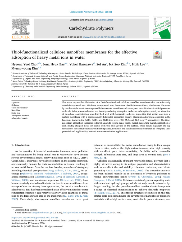 Thiol-Functionalized Cellulose Membranes for Heavy Metal Ion Adsorption ...