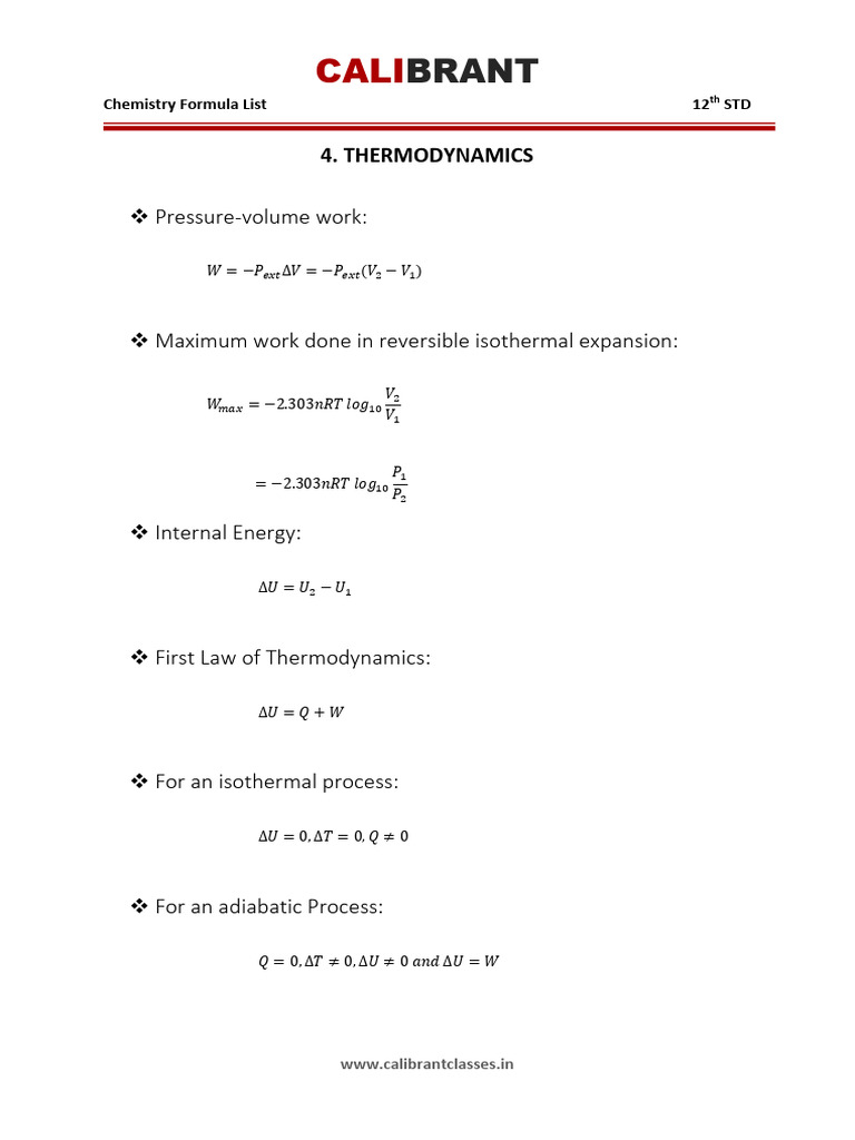 Thermodynamics Class 11 All Formula | PDF | Enthalpy | Gibbs Free Energy