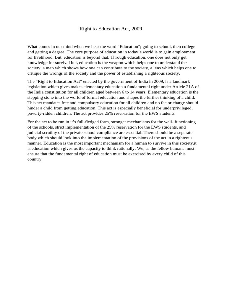 Right to Education Act Overview 2009 | PDF