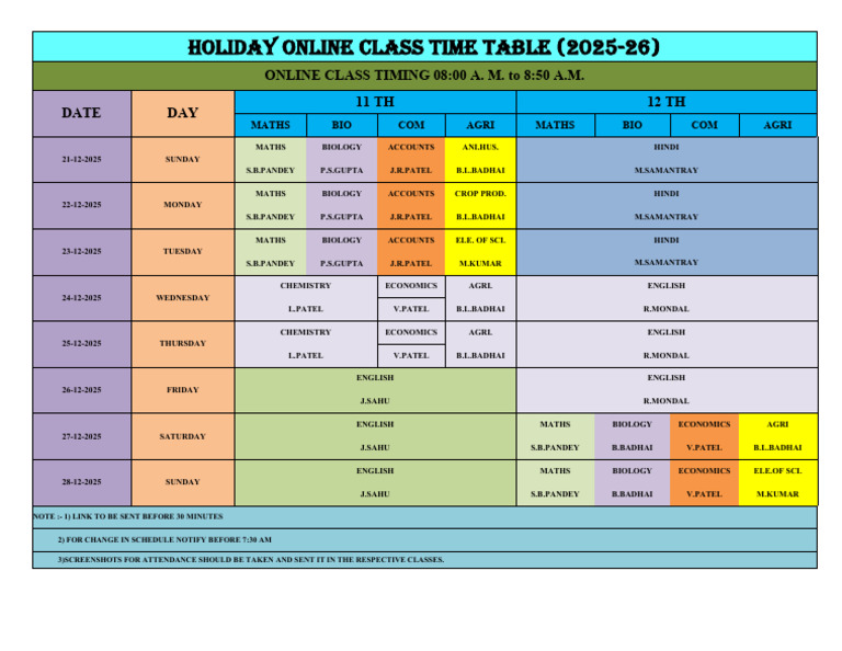 Holiday Online Classes Time Table Hss | PDF