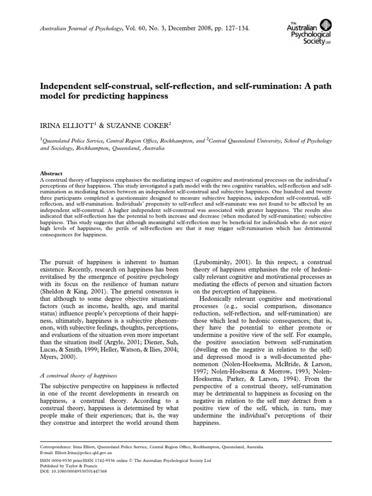 Independent Self-Construal, Self-Reflection, and Self-Rumination: A ...