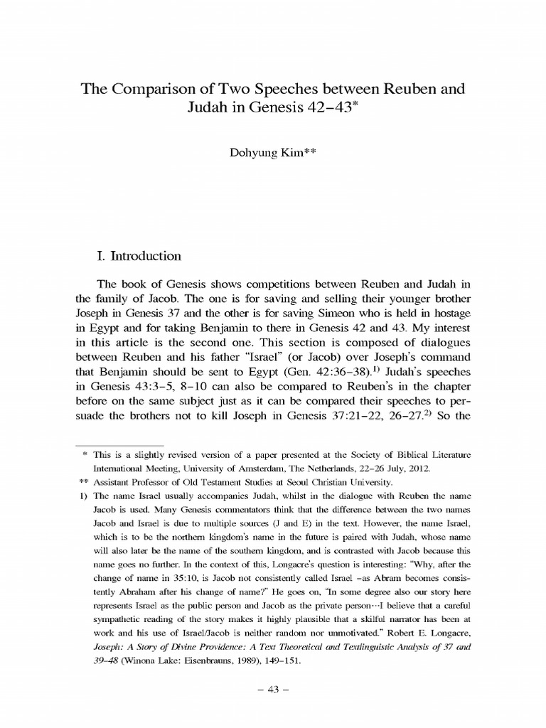 Reuben vs. Judah: Speeches in Genesis 42-43 | PDF | Jacob | Book Of Genesis
