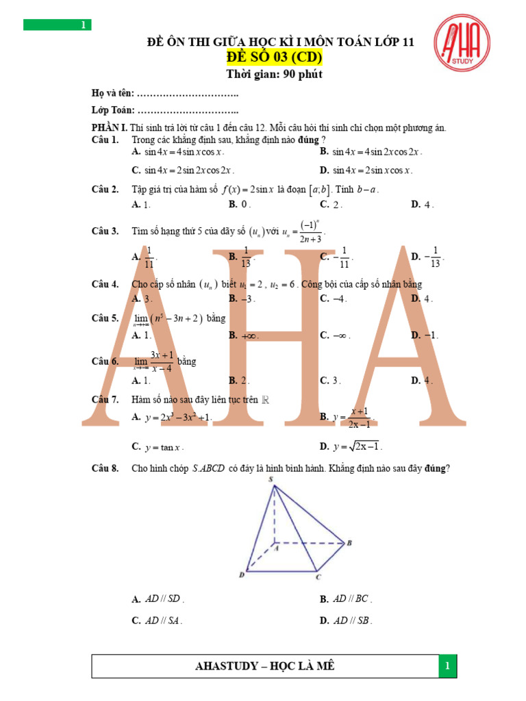 ĐỀ Ữ Ọ Ớ Thời gian: 90 phút: Ôn Thi Gi AH C Kì I Môn Toán L P11 | PDF