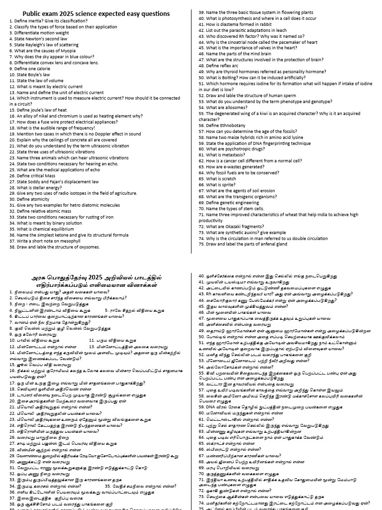 Public Exam 2025 Science Expected Easy Questions | PDF