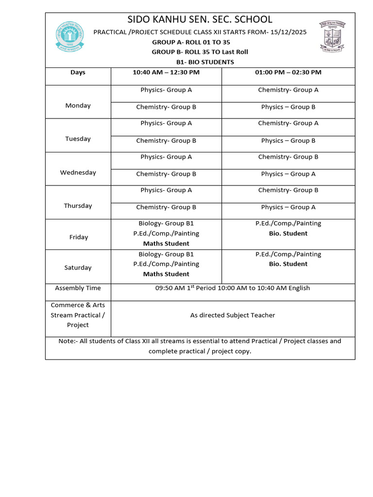 Sen. Sec. Practical Schedule 2025-26 | PDF