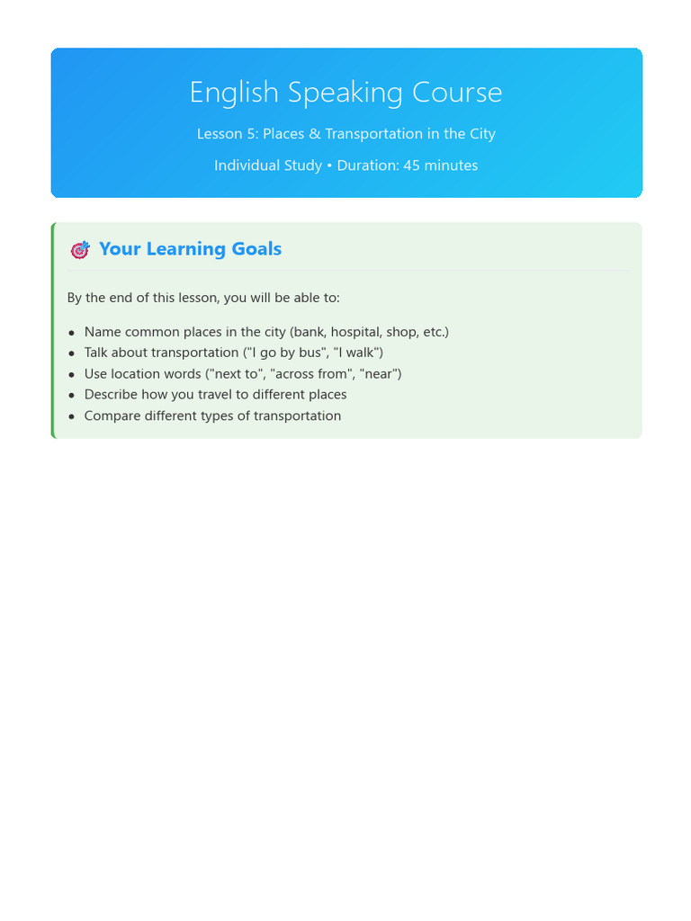 English Speaking Lesson 5 - Places & Transportation | PDF