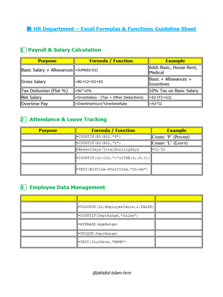 HR Excel Formulas & Functions Guide | PDF | Payroll | Taxes