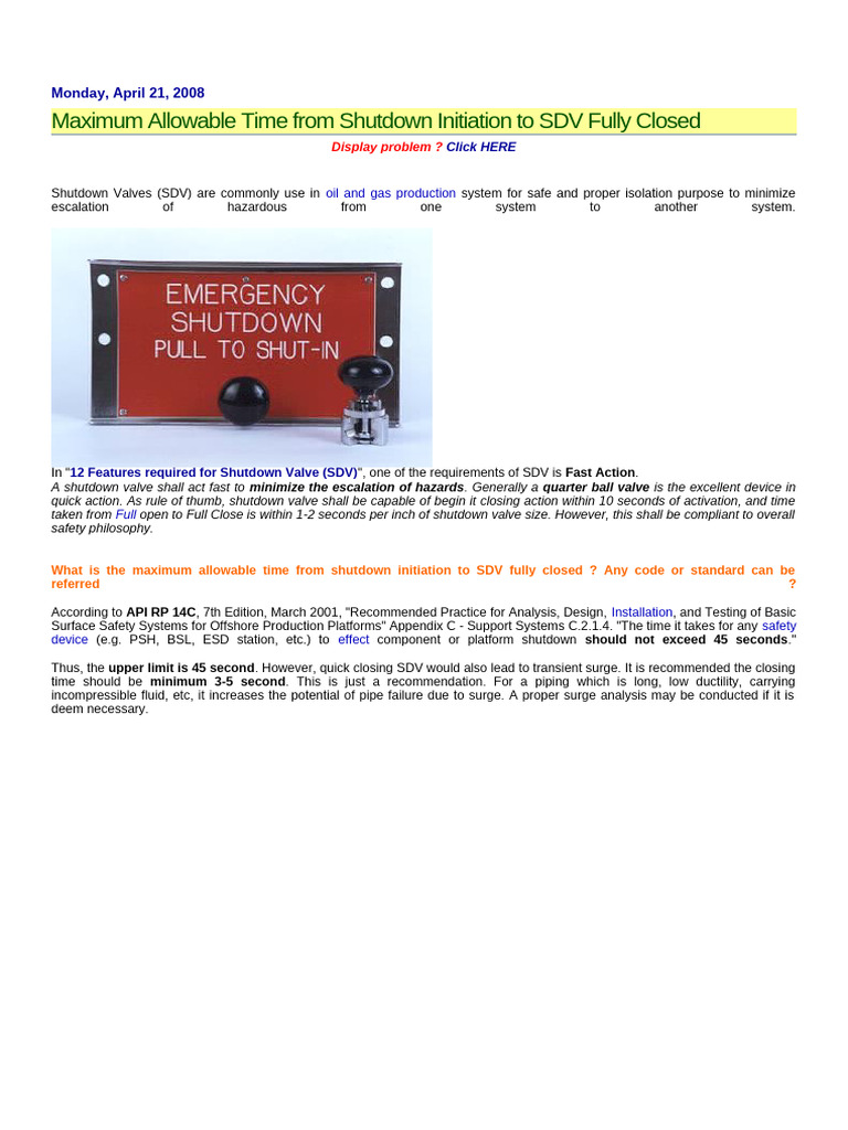Shutdown Valve Closure Time Guidelines | PDF