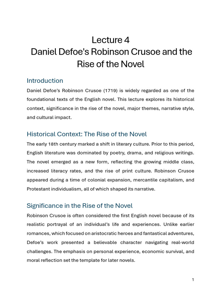 Robinson Crusoe: Rise of the Novel Explained | PDF | Novels | Robinson ...