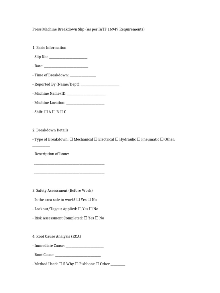 Press Machine Breakdown Slip (2) | PDF