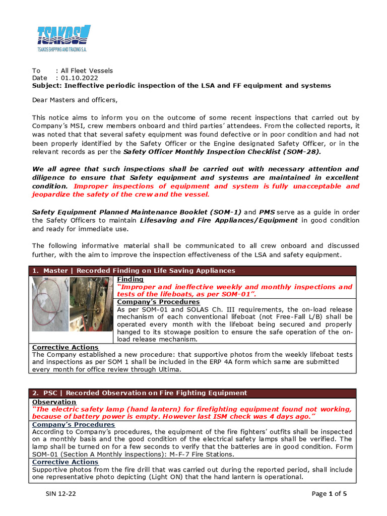 Ineffective Periodic Inspection of the LSA and FF Equipment And | PDF