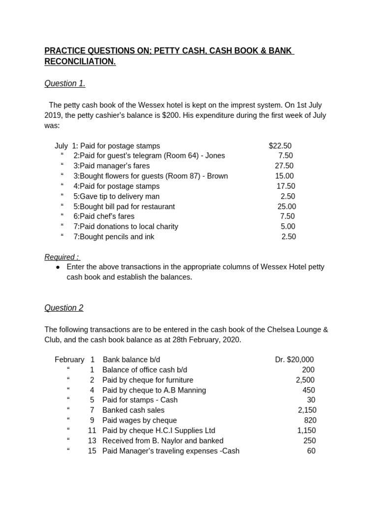 Practice Questions On Cash Book Petty Cash M Bank Reconciliation | PDF ...