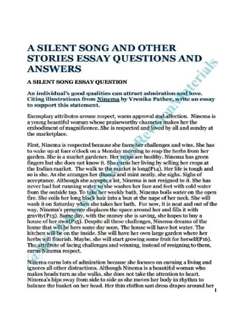 A Silent Song and Other Stories Essay Questions and Answers | PDF