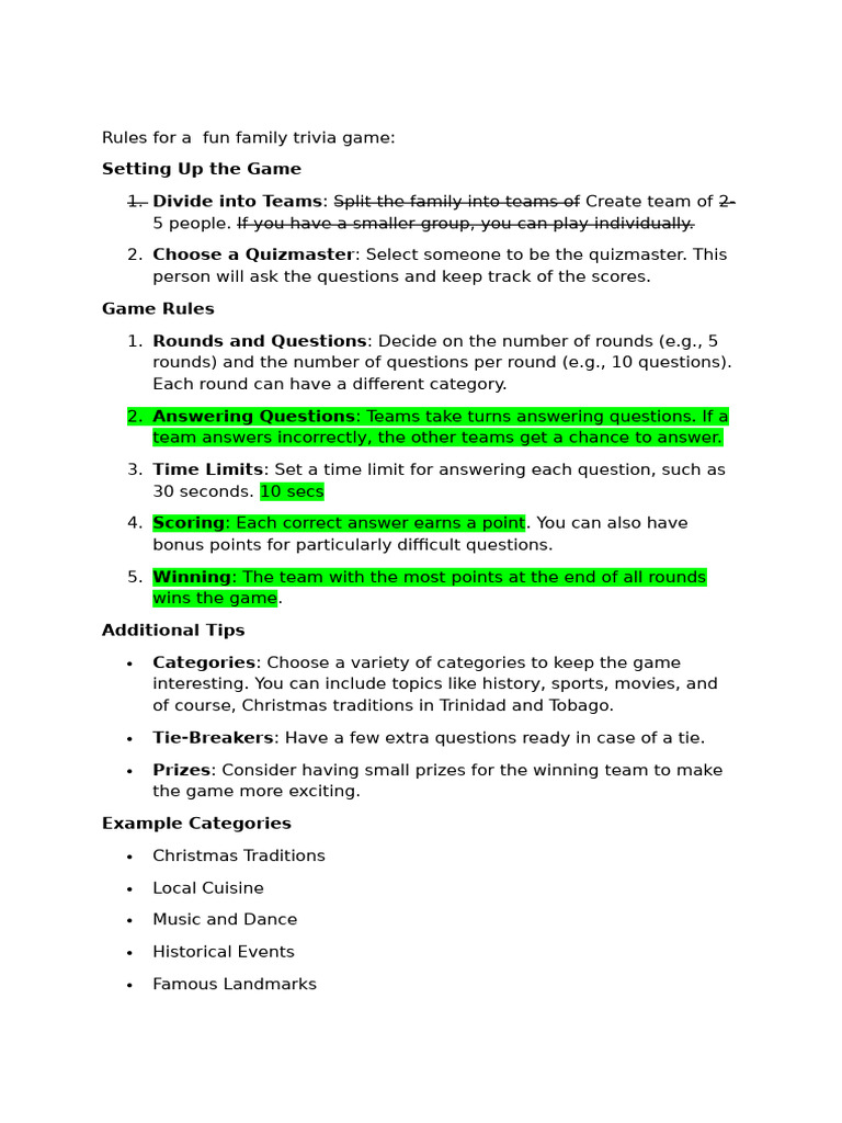 Family Trivia Game Rules & Tips | PDF
