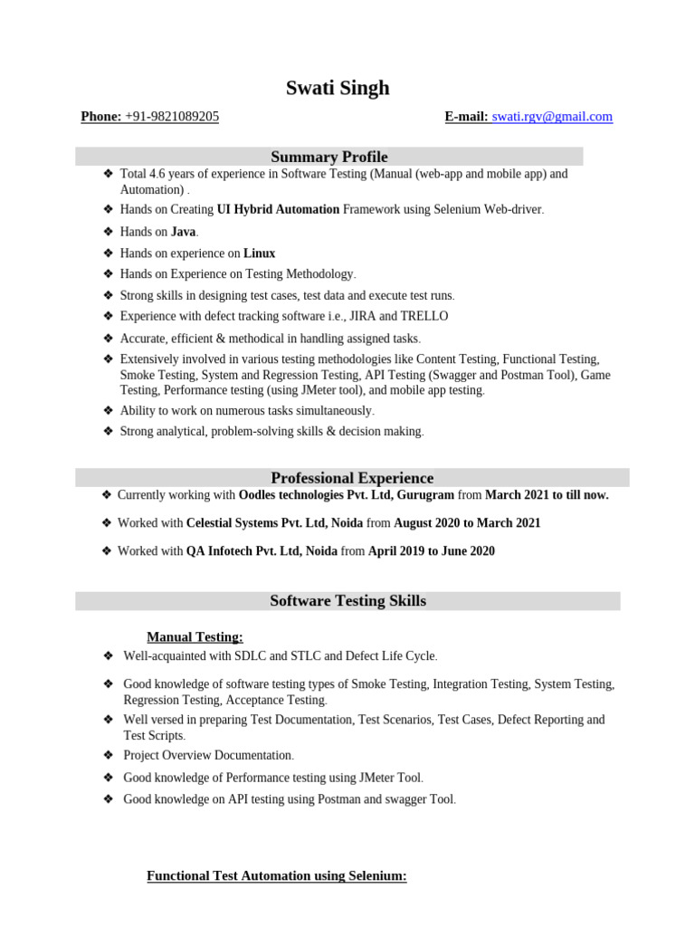 Swati Resume 4.6 Experience in Manual and Automation_1700711087060_Swati Singh | PDF | Selenium ...