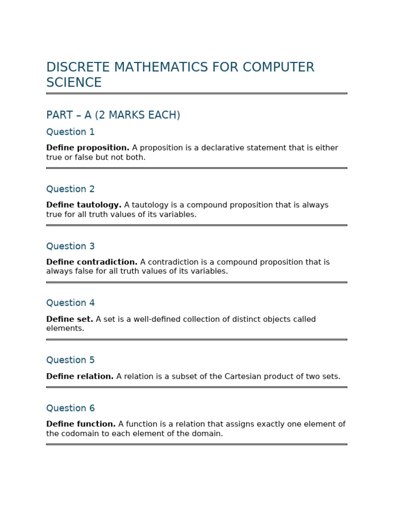 Discrete Mathematics for Computer Science – Answers Part A | PDF | Set ...