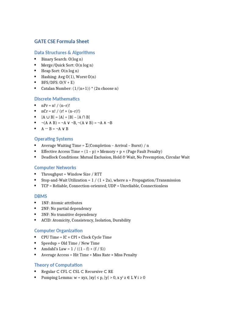 GATE CSE Formula Sheet | PDF