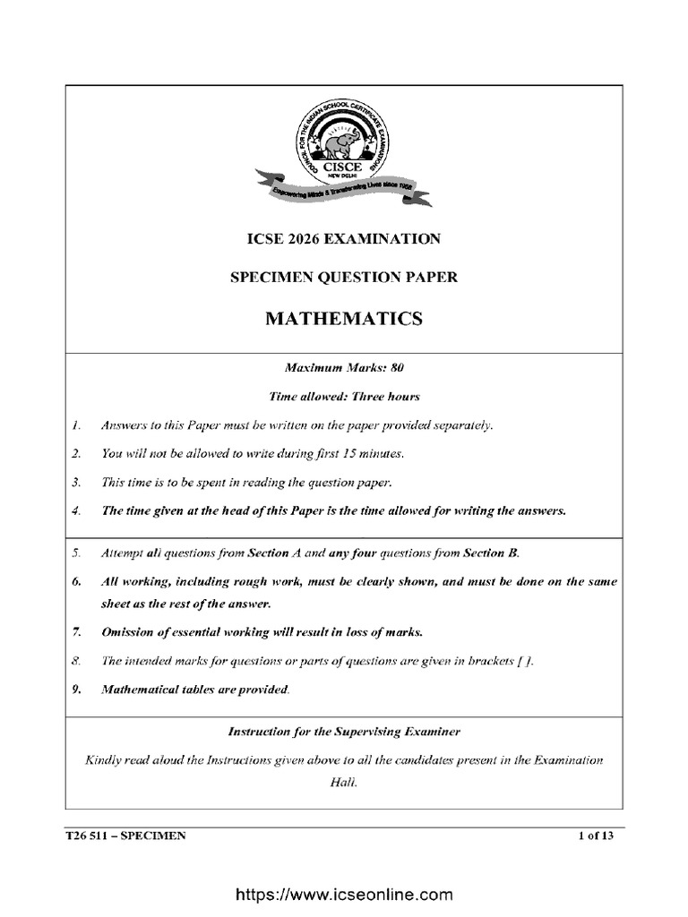 Icse Class 10 Specimen Mathematics t26 511 2026 | PDF