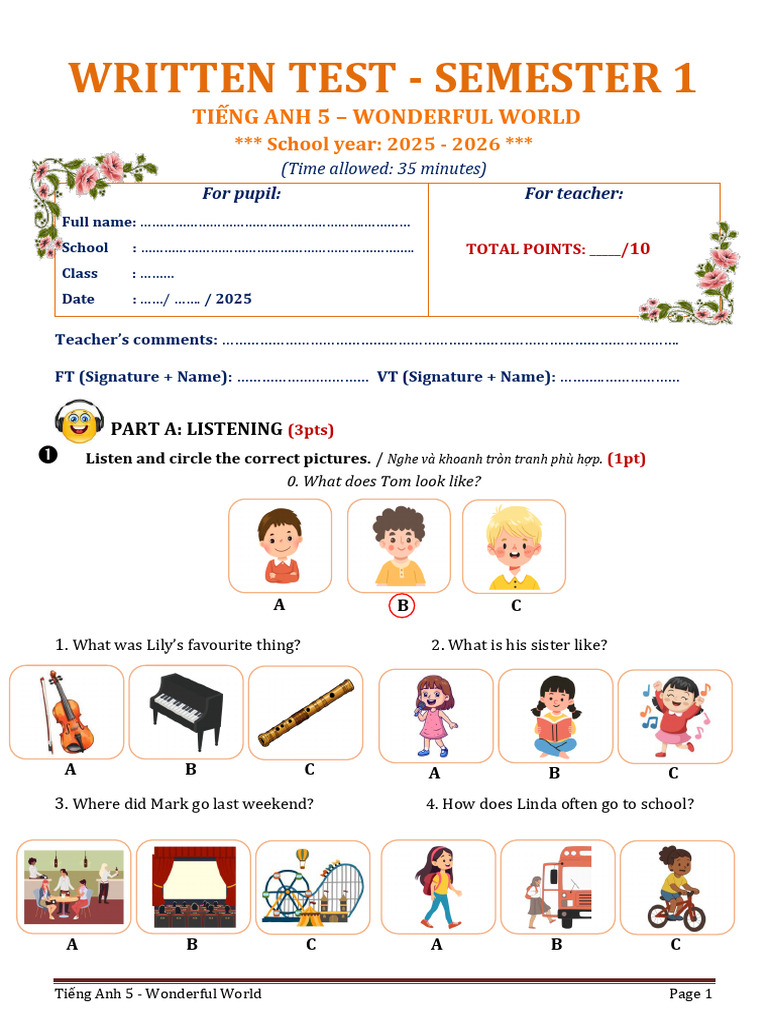 2025.WW5 - Written Test 1 - 3 kỹ năng+đề nói | PDF