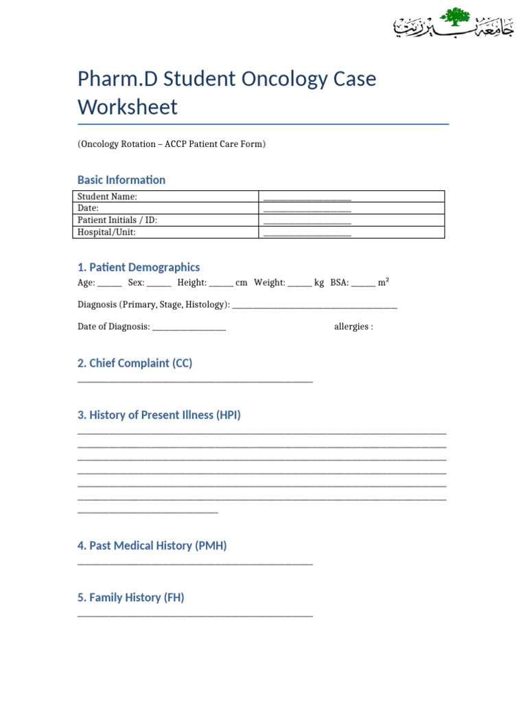 PharmD Oncology Case Worksheet | PDF | Chemotherapy | Oncology