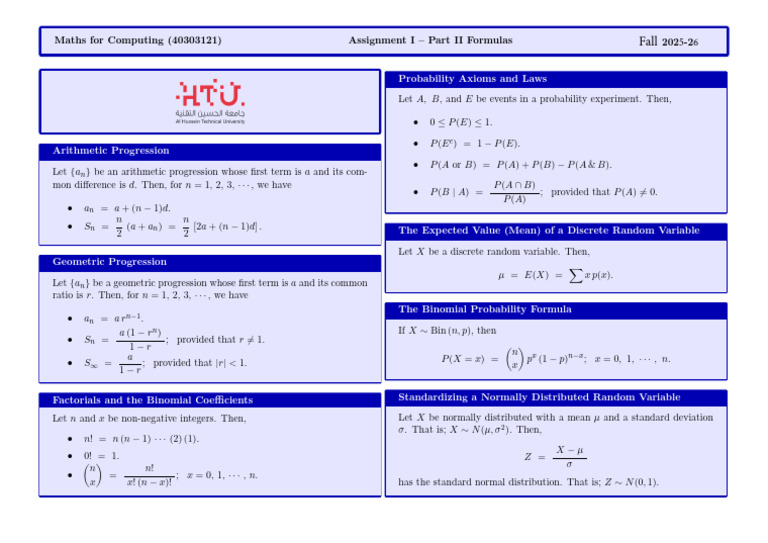 MC Sp25 Assign-I-II Formulas | PDF | Probability Distribution | Probability