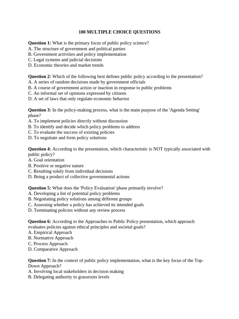 100 MULTIPLE CHOICE QUESTIONS | PDF | Policy | Governance