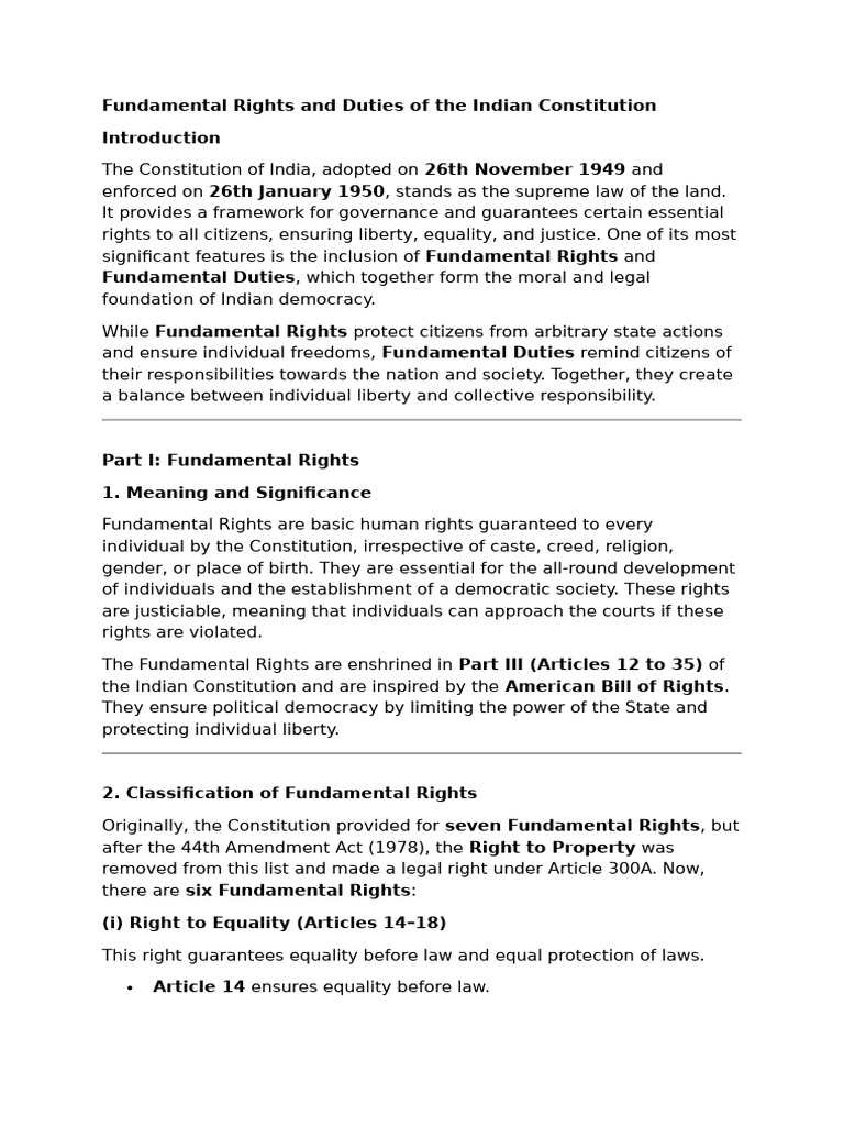 Fundamental Rights and Duties of The Indian Constitution | PDF | Civil ...