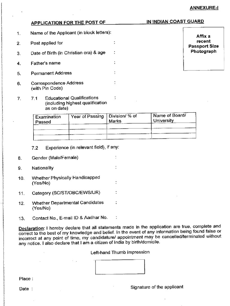 Indian Coast Guard Application Form | PDF | Government Of India