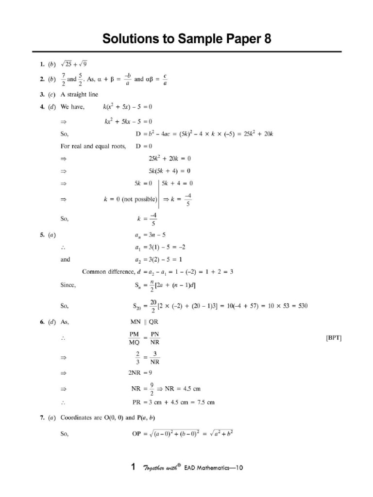 Cbse Cl10 Ead Mathematics 2026 Edition Ans To SP 8 | PDF