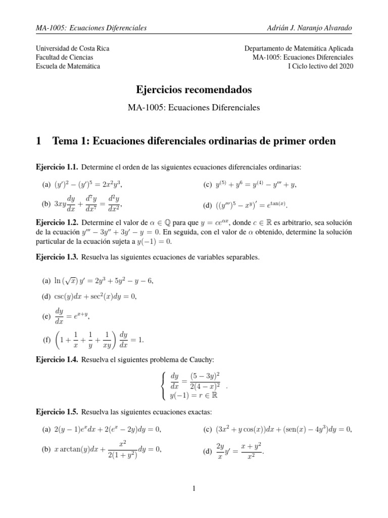 Ej Recomendados Tema 1 | PDF | Ecuaciones | Ecuaciones diferenciales