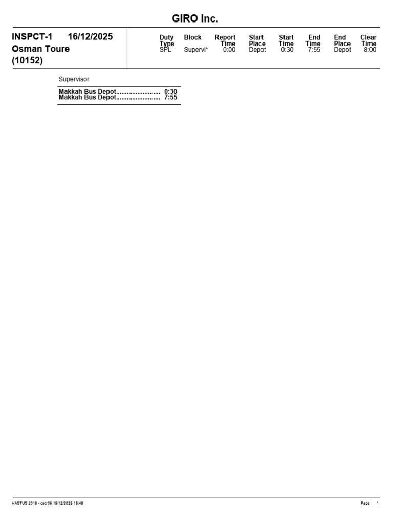 Duty Cards of 16 December 2025 Operation Day | PDF