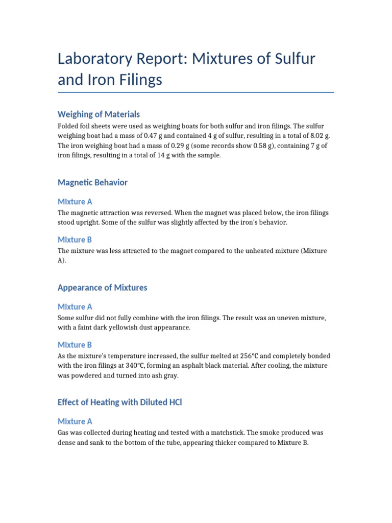 Sulfur and Iron Mixture Laboratory Analysis | PDF