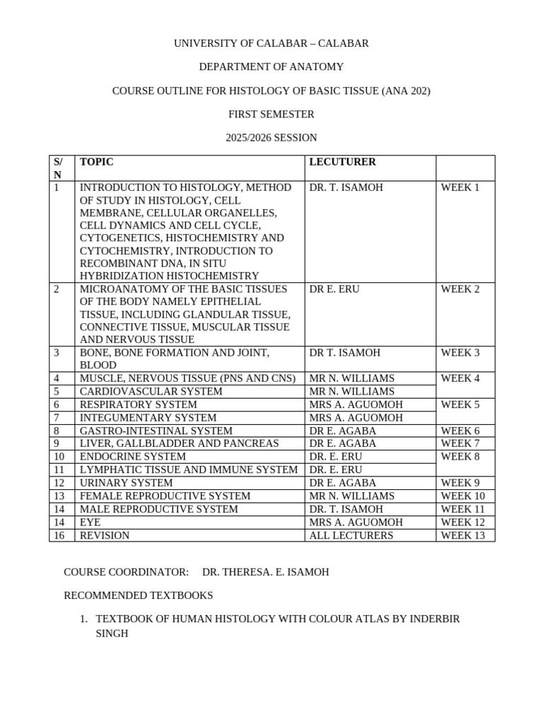 Histology Course Outline for ANA 202/203 | PDF | Histology | Tissue ...