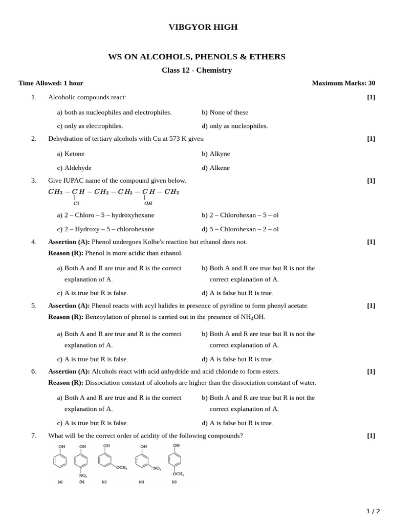 WS on Alcohols, Phenols & Ethers | PDF | Ether | Organic Chemistry