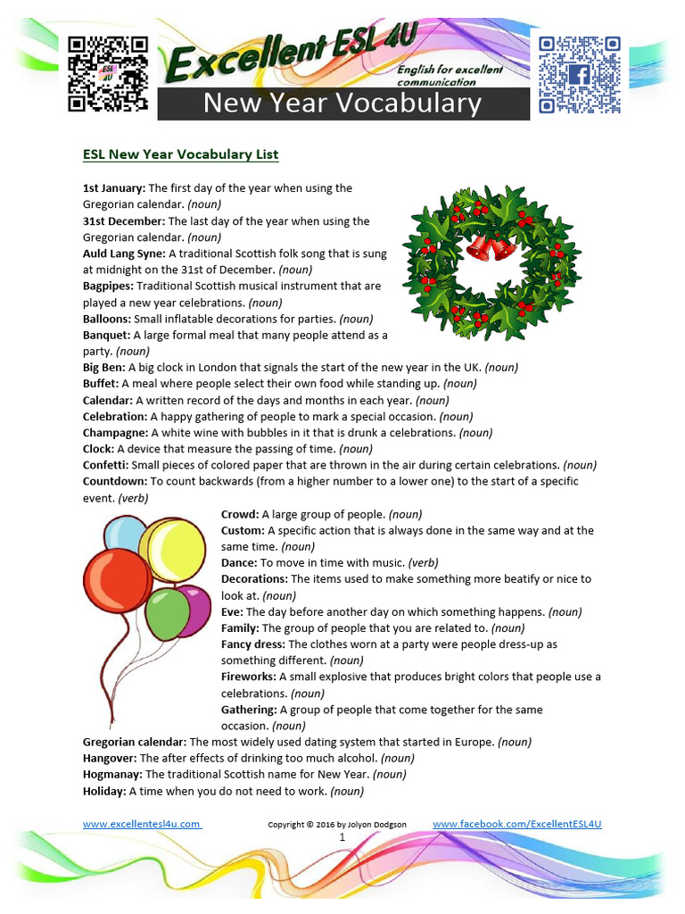 ESL New Year Vocabulary Guide | PDF