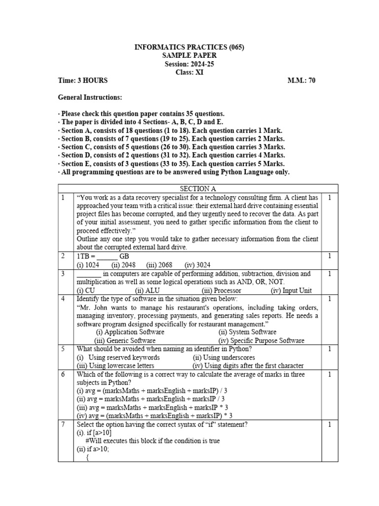 XI IP Sample Paper | PDF | Read Only Memory | Table (Database)