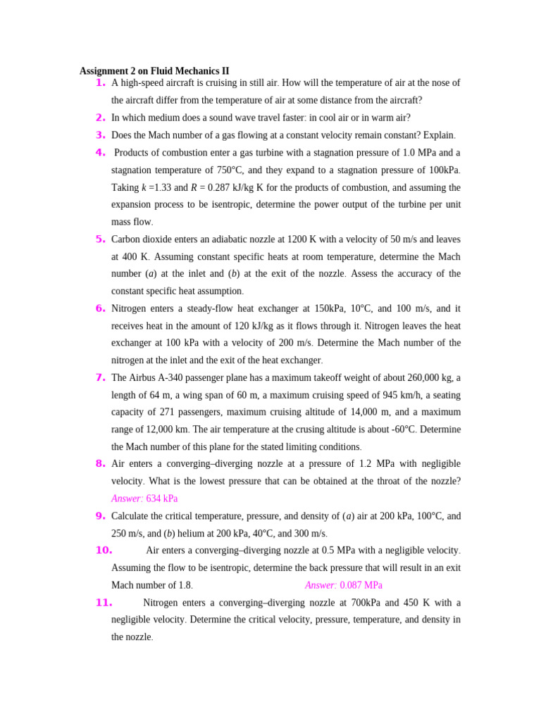 Fluid Mechanics II Assignment Overview | PDF | Mach Number | Chemical ...
