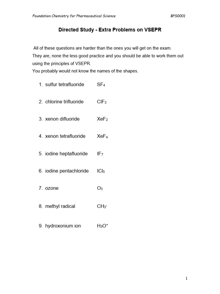 Directed Study 3-1b Extra Problems on VSEPR | PDF