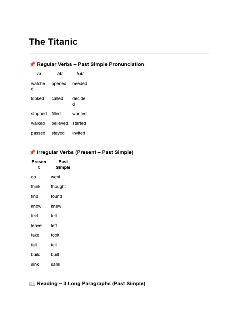 THE TITANIC- READING COMPREHENSION, PRESENT SIMPLE AND PAST SIMPLE ...