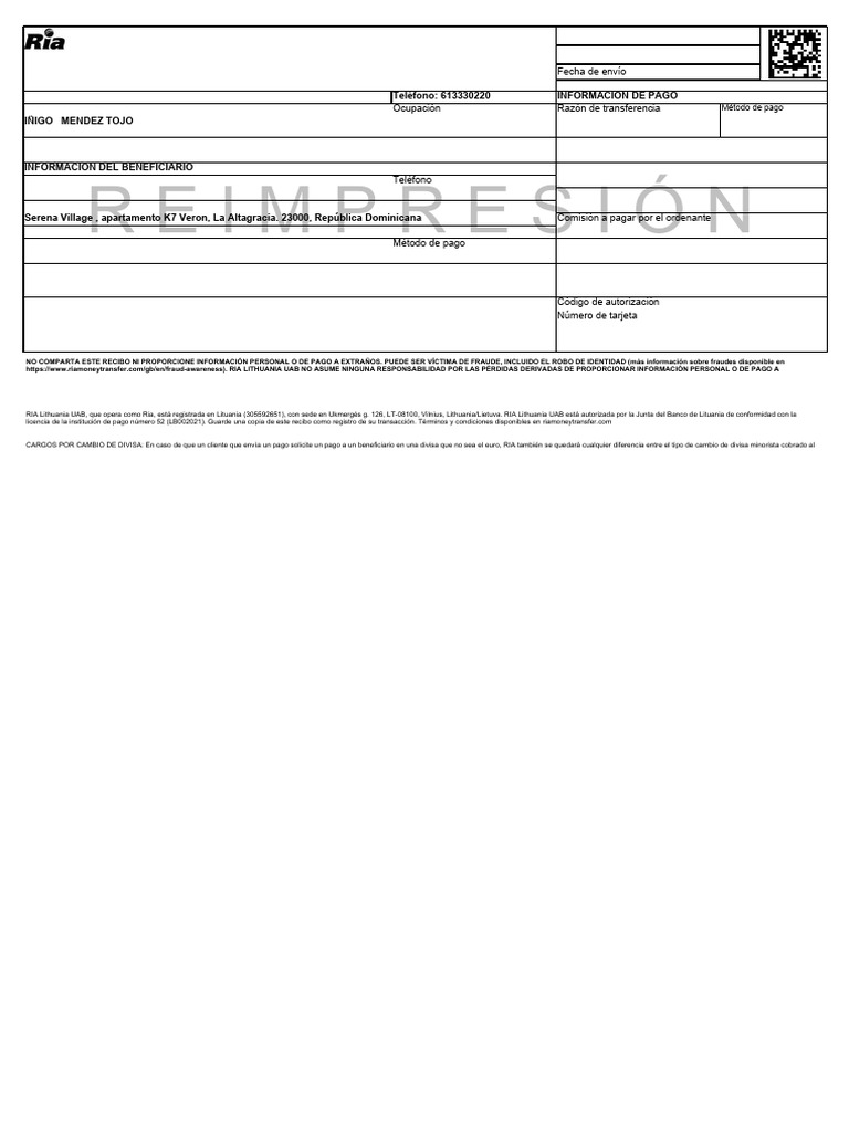 Recibo de Transferencia RIA: ES1502422878 | PDF | Moneda | Lituania