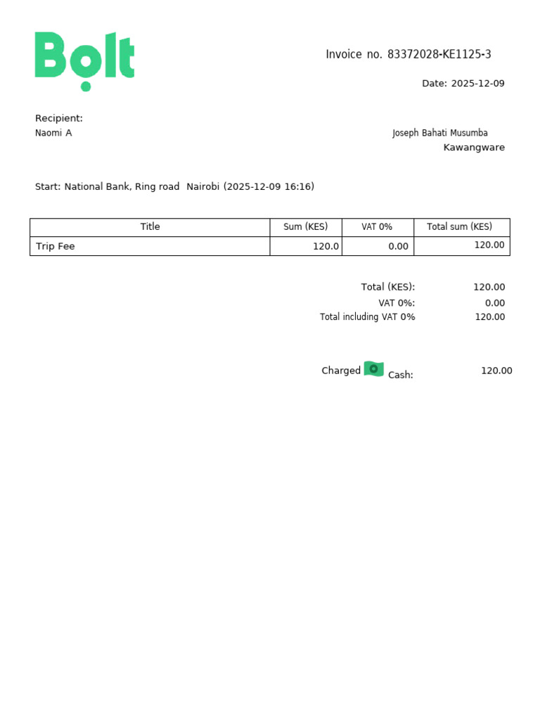 Invoice 83372028 for Trip Fee KES 120 | PDF