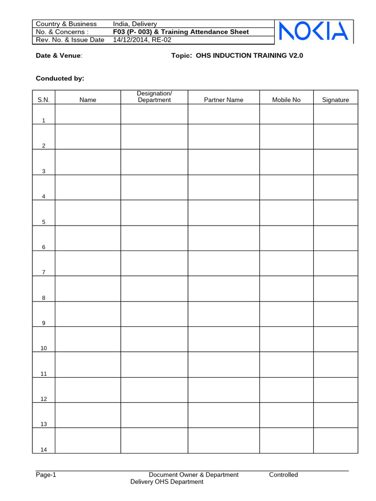 OHS Induction Training Program Training Attendance Sheet | PDF