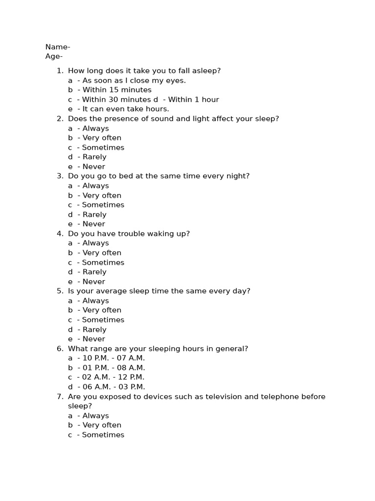 Sleep Quality Assessment Questionnaire | PDF
