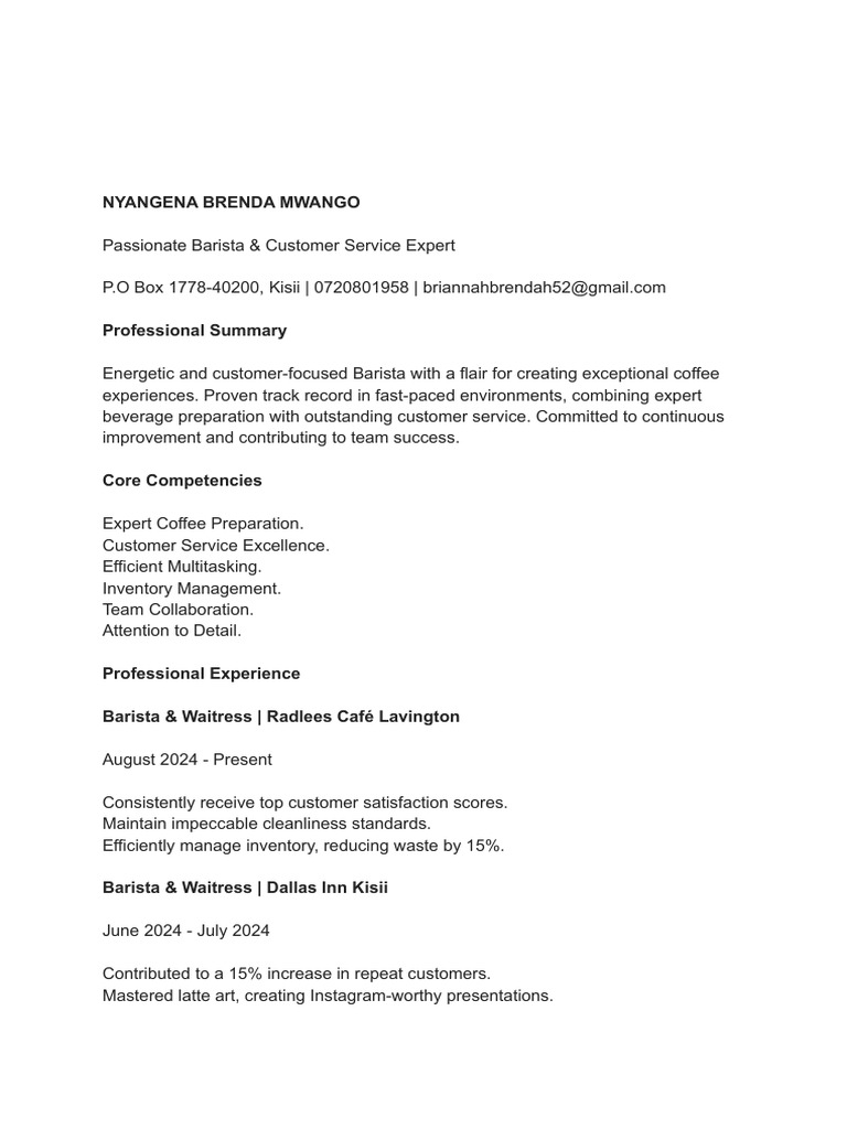 Nyangena Brenda Mwango Cv | PDF