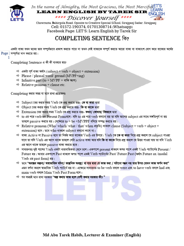 1. Let's Completing Sentence | PDF | Verb | Subject (Grammar)