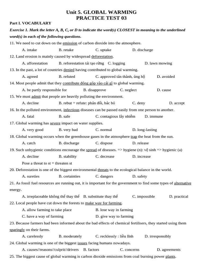 Unit 5 - PT3 - KEY | PDF | Climate Change | Deforestation