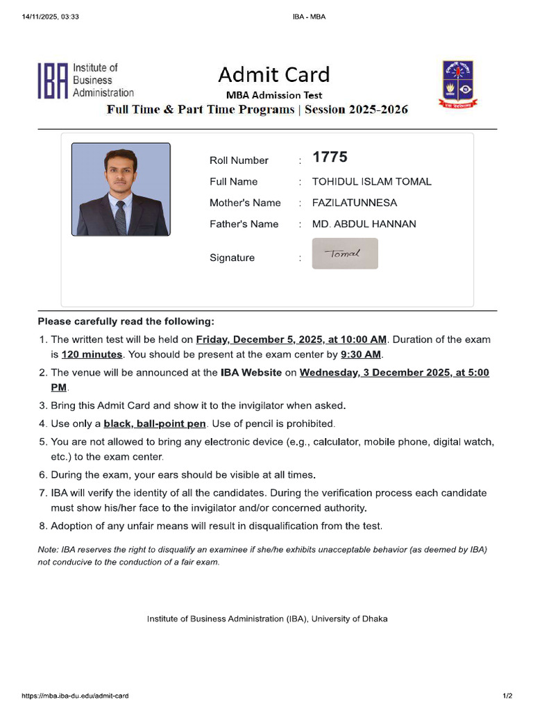 IBA Admit Card | PDF
